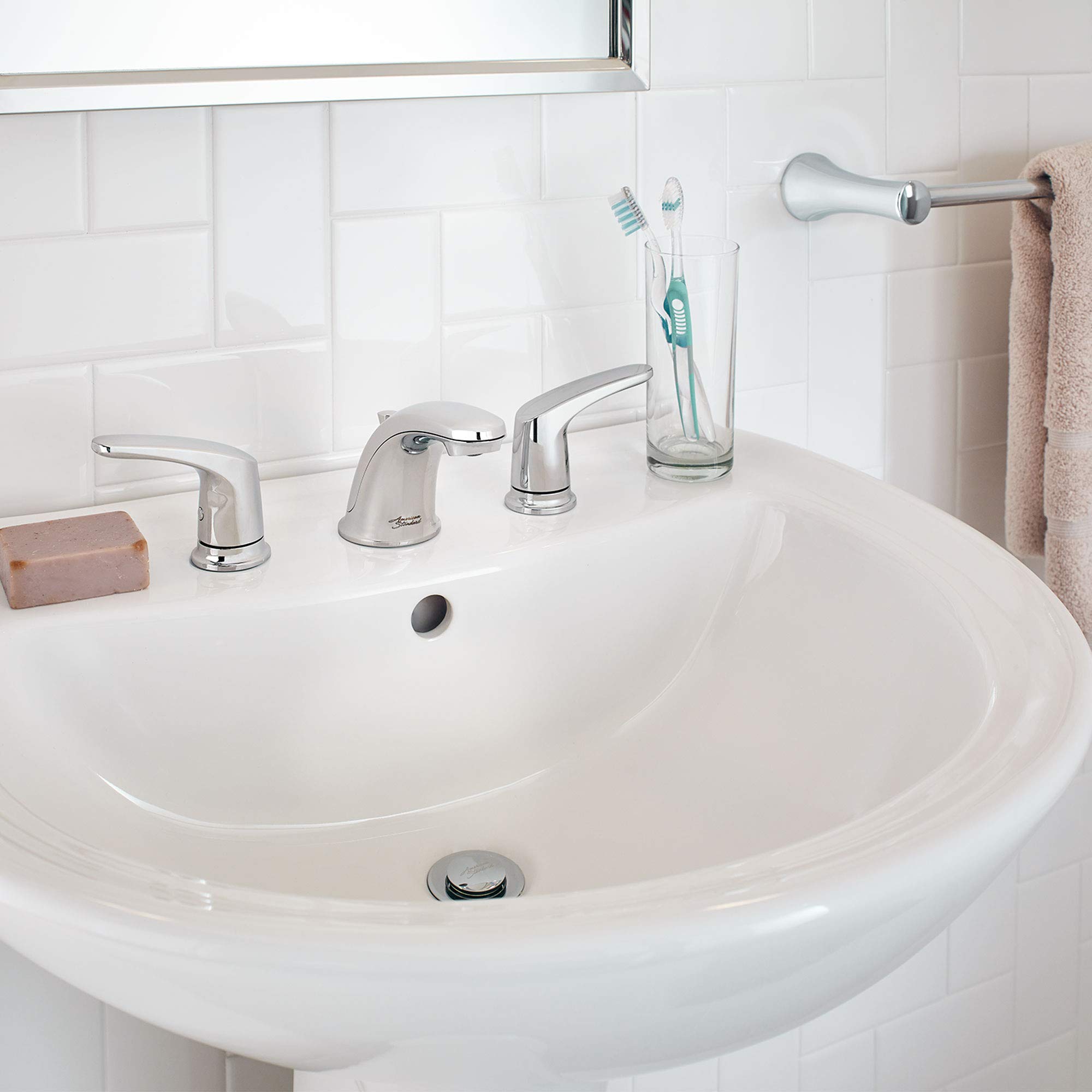 American Standard 7075800.002 Colony Pro 8 in. Widespread 2-Handle Low-Arc Bathroom Faucet with Pop-Up Drain Assembly, 1.2 GPM, Polished Chrome
