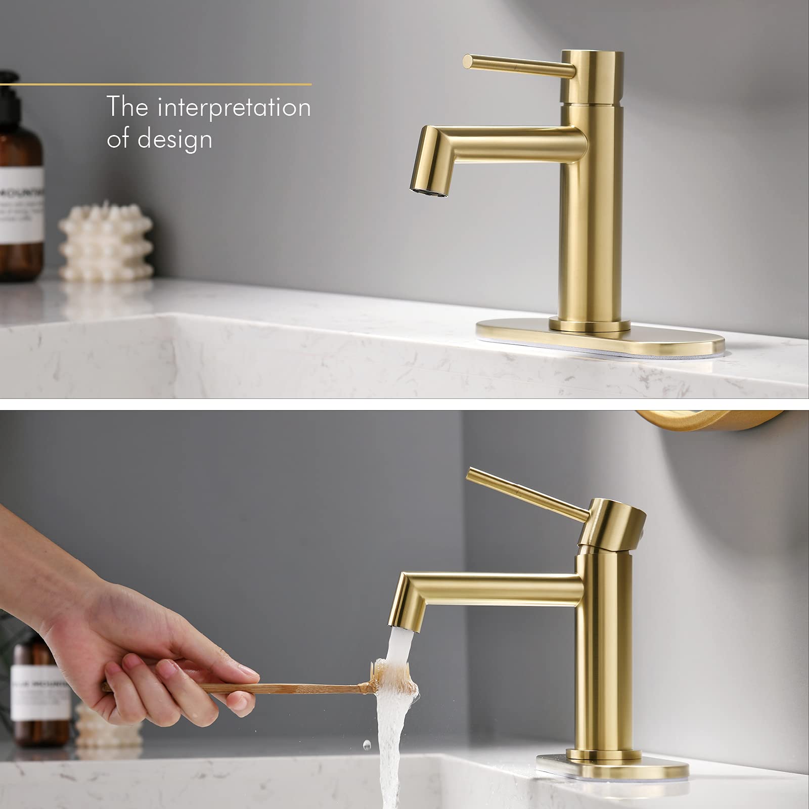 Brushed Gold Bathroom Faucet with Plastic Pop Up Drain, 6.25'' Metal Escutcheon and Supply Lines, Single Handle Stainless Basin Mixer Tap, Modern Bathroom Sink Faucet for 1 or 3 Hole Vanity Sink