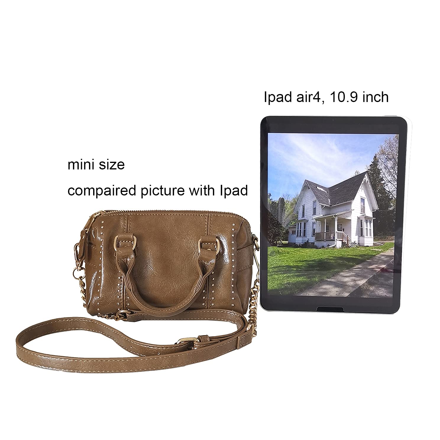 LUCSIS Women's rivets studded crossbody bag purse handbag small light weight cute mini bag PU leather (Coffee)