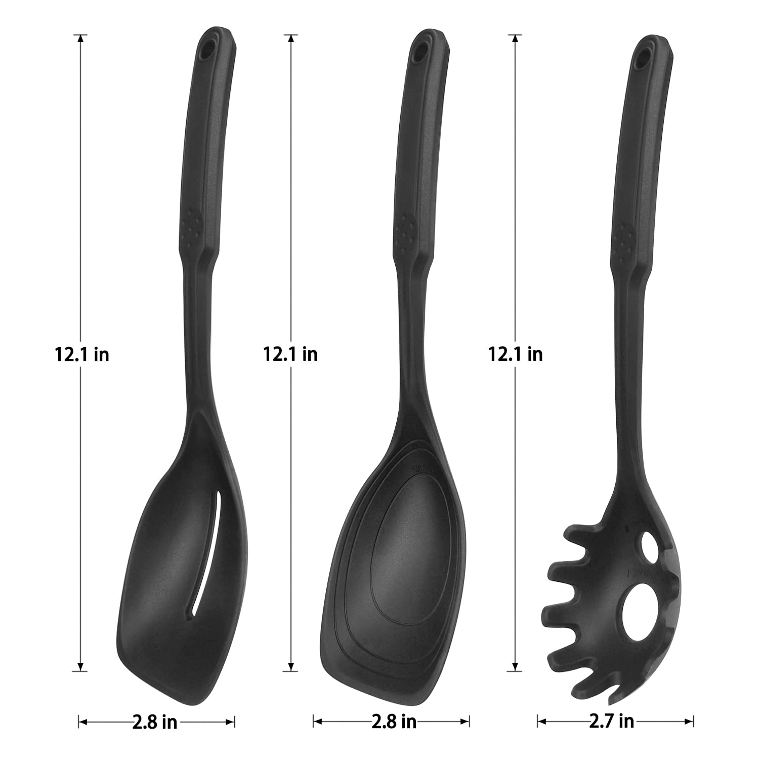 Beijiyi Silicone Cooking Spoon Set, 3 Pack Heat Resistant Silicone Spoons for Cooking, Mixing, Serving, Nonstick Kitchen Utensils Large Solid Slotted and Spaghetti Spoon - Dishwasher Safe, Black