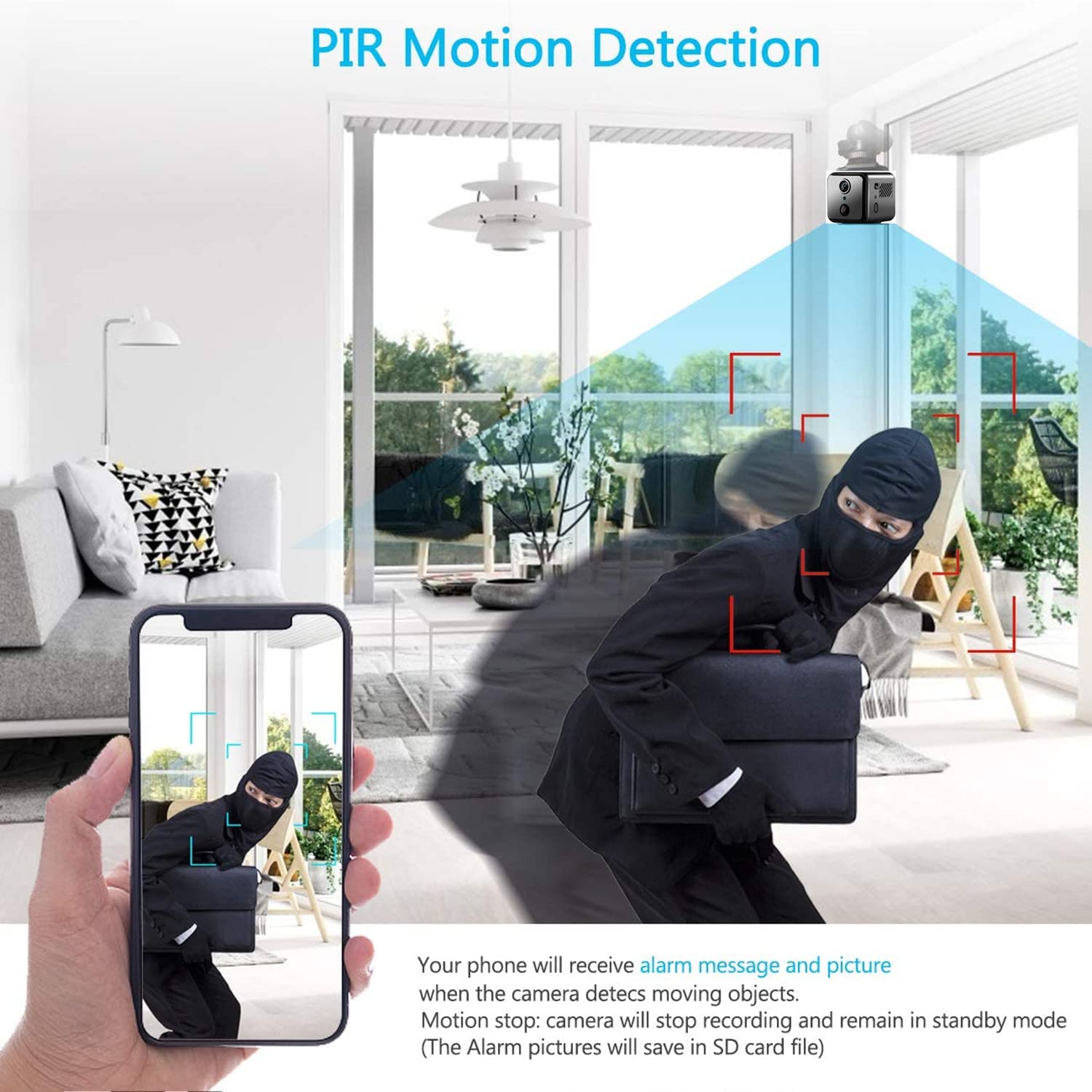 Mini Hidden Camera - Spy Camera PTZ 360° Rotate Left/Right - WiFi HD 1080P Camera PIR 50-Days Standby/Low Power Consumption Motion Detection Video Recorder Night Vision Security Small Cam