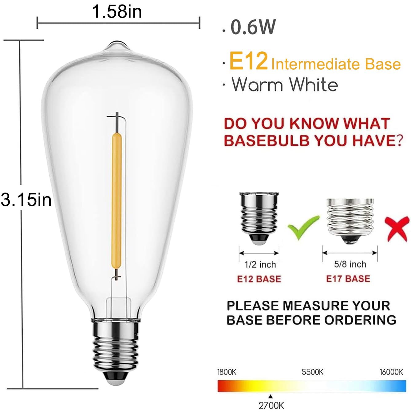 Couah 10 Pack Edison LED Light Bulbs, 0.6 watt E12 Screw Base Replacement Bulbs, LED Shatterproof Bulbs ST38 Clear Plastic Light Bulbs for Outdoor Patio ST38 String Lights, Warm White