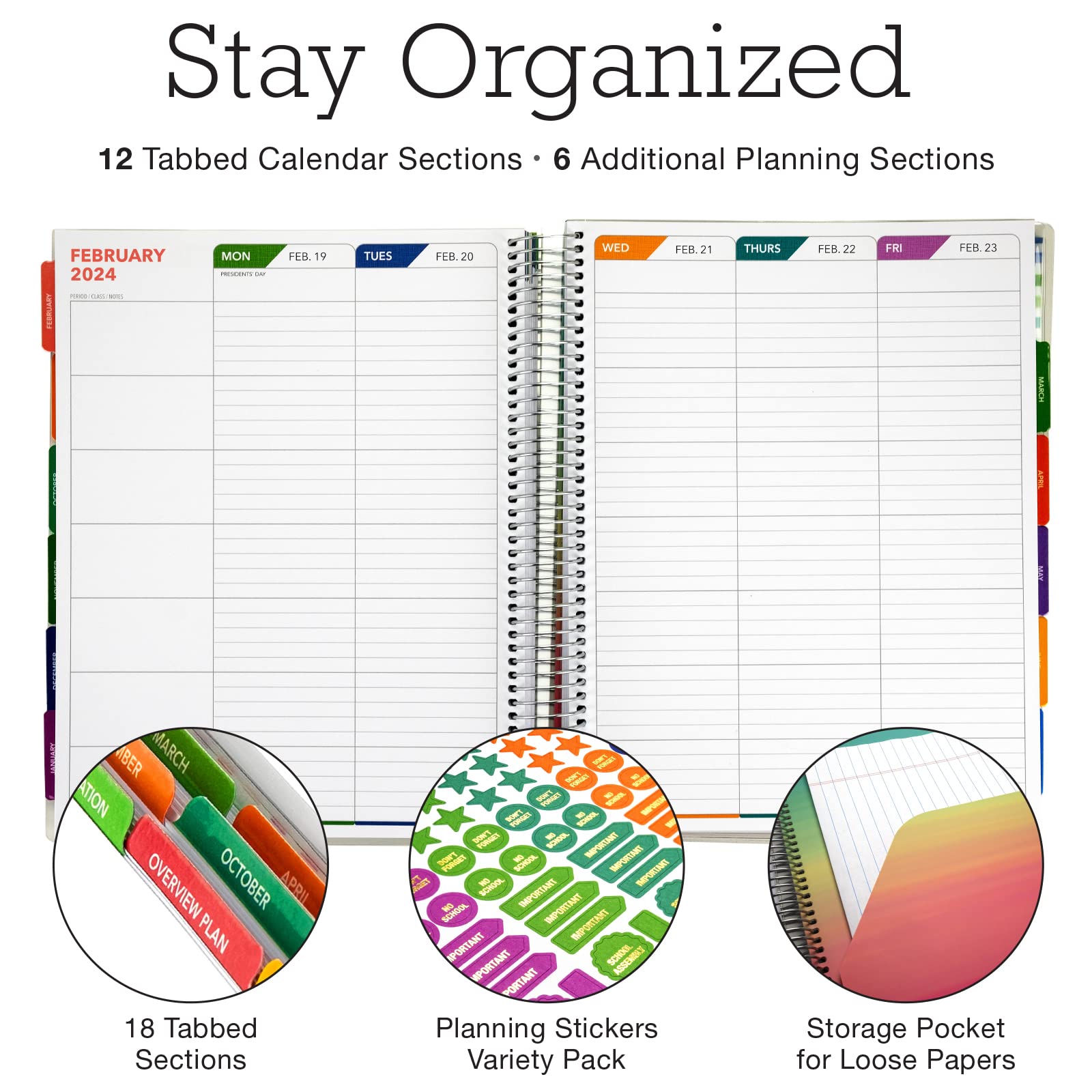 Aug 2023-Jul 2024 Deluxe Teacher Lesson Planner Notebook 8.5x11 Daily Weekly Monthly Organizers - Includes 7 Periods, Pocket Folder, Dated Calendar, Page Tabs, Bookmark, and Planning Stickers