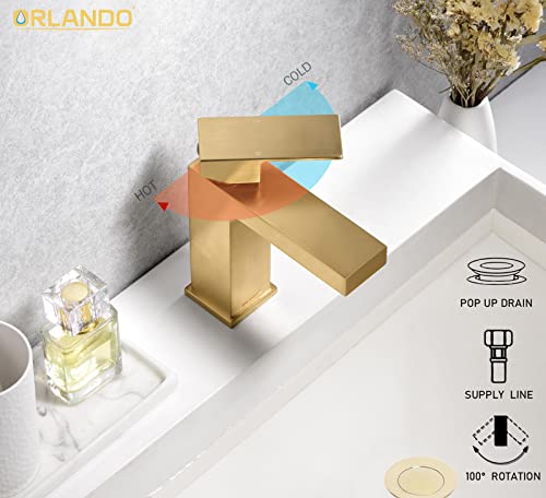 Brushed Gold Bathroom Faucet Single Hole, Modern Brass Bathroom Sink Faucet, Orlando Single Handle Vanity Faucet with Pop-up Drain Assembly and Supply Line, Brushed Gold