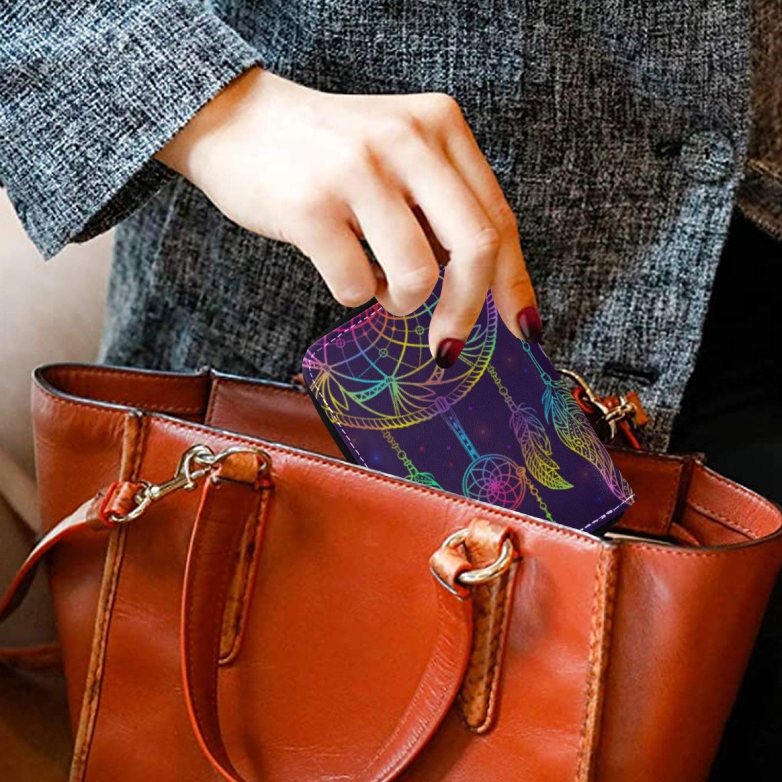 susiyo Colorful Dream Catcher Feathers Credit Card Wallet, RFID Blocking Compact Women Leather Card Holder Zipper Purse