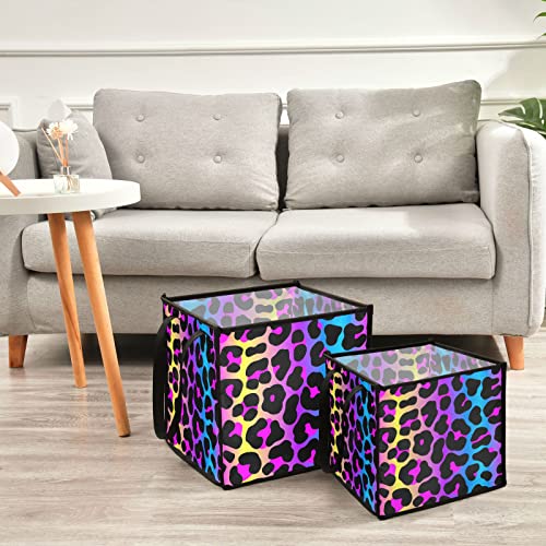 Blueangle Neon Gradient Leopard Print Cube Storage Bin with Handles, 13 x 13 x 13 in, Large Collapsible Organizer Storage Basket for Home Décor(945)