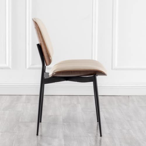 LUNLING Dining Chairs Set of 2 Mid Century Modern Retro Faux Leather Chair with Walnut Bentwood Upholstered Seat Metal Legs Adjustable Foot for Kitchen Dining Room Chairs(Beige)