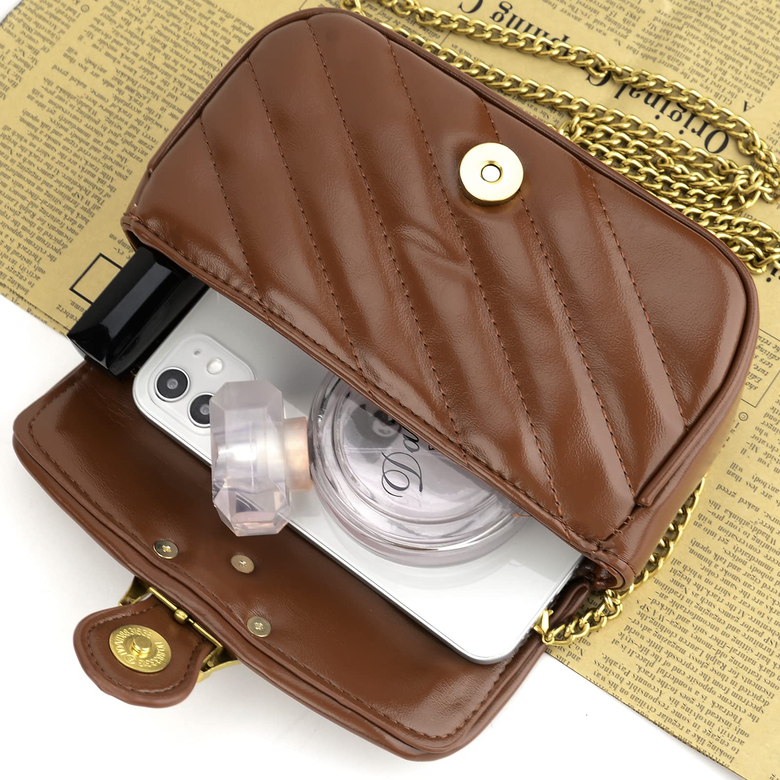 Linkidea Mini Quilted Crossbody Bag for Women, Lattice Brown Shoulder Small Purses, Vegan Leather Cute Cellphone Clutch Evening Handbags with Fashion Chain Strap