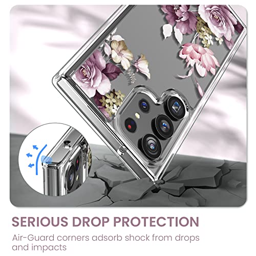 DagoRoo for Samsung Galaxy S23 Ultra Case with Tempered Glass Screen Protector, Girls Women Crystal Clear Flower Pattern Cases, Slim Fit Soft TPU + PC Shockproof Cover for Galaxy S23 Ultra (Purple)