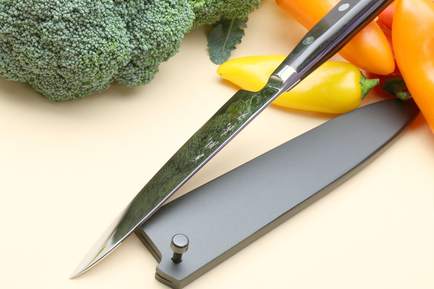Yoshihiro High Speed Steel Petty Utility Chefs Knife (Black Pakkawood Handle) (5.3'' (135mm) & No Saya)