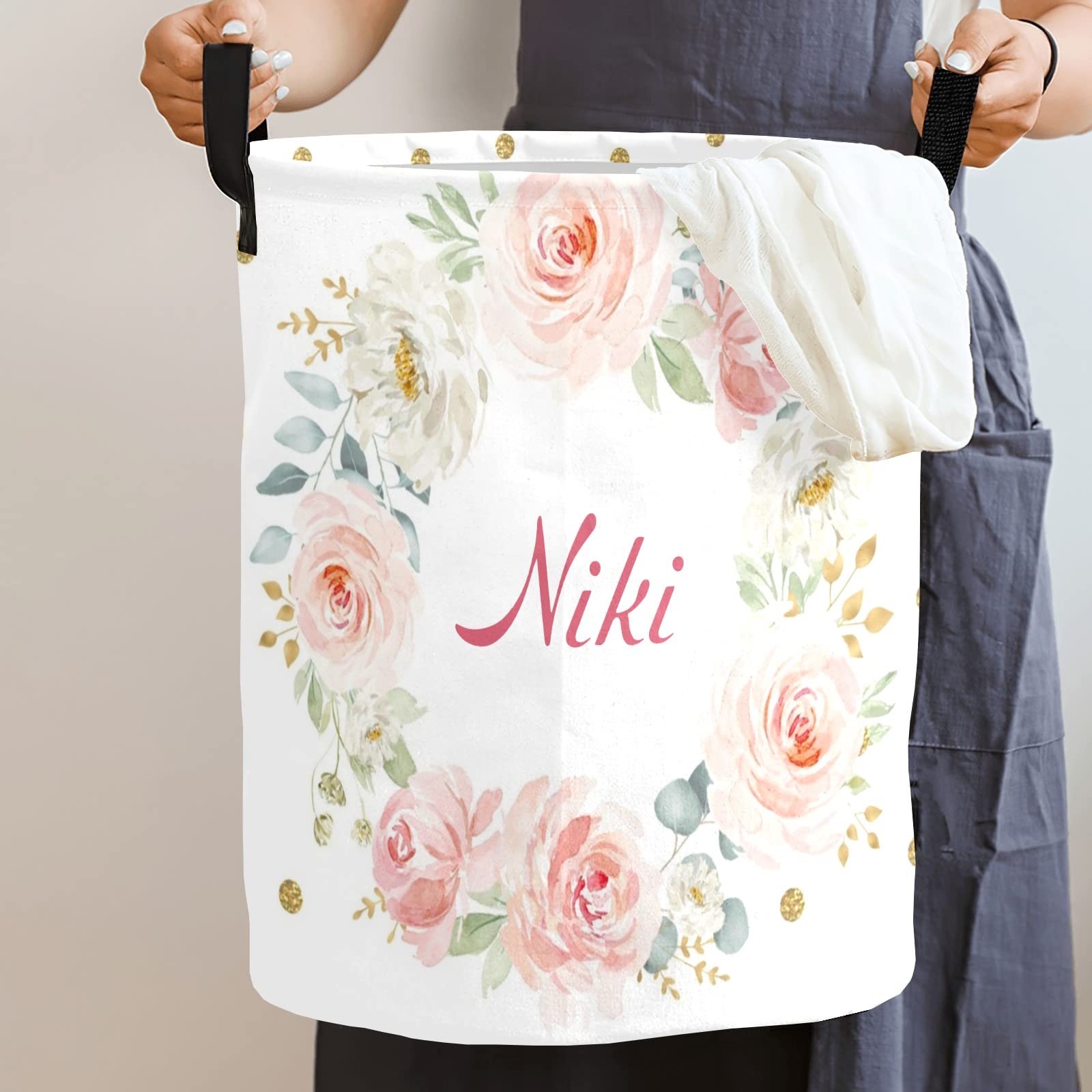 Blush Pink Gold Floral Laundry Hamper Personalized with Name Canvas Waterproof Storage Bin with Handle for Kids Nursery Hamper Gift Baskets Home Organizer