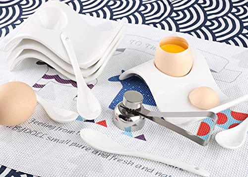 Ceramic Egg Cups Holder Porcelain Egg Cup for Soft Boiled Eggs with Stainless Steel Egg Cracker Topper Cutter 4 Egg Spoons Egg Cups Stand Plates Set (9)