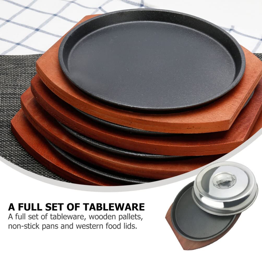 Cabilock Cast Iron Steak Plate Metal Sizzle Griddle with Wooden Base and Cover Foodservice Platter Steak Pan Grill Server Plate for Household Restaurant