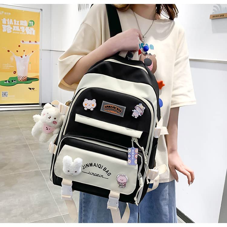 DAHUOJI Kawaii Backpack Set 5pcs Aesthetic Backpack for School Teens Girls Daypack Large with Pendants and Pins,Pen Case,Tote Bag,Small Bag(Black)