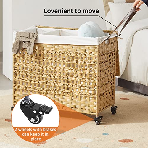 Fiona's magic 140L Large Laundry Basket with Wheels, Laundry Hamper with Lid and Removable Bags, Dirty Clothes Hamper 3 Section for Bedroom, Handwoven Rattan Wicker, Brown