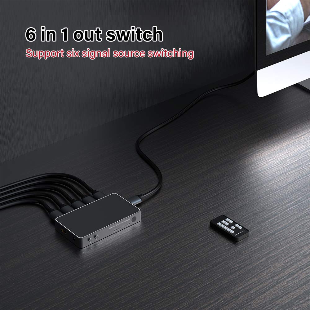 KLKE 4K HDMI Switch KLKE 6x1 Audio Extractor 6 Port HDMI Switcher Box with Remote HDMI Multi Ports Switch 6 in 1 Out Supports Optical Toslink 3.5mm Audio and ARC