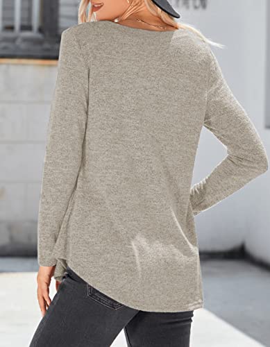 iGENJUN Long Sleeve V Neck Tunic Sweatshirts for Women T Shirts Solid Classic Loose Fit Tops 2023 Fall Fashion Trendy Outfits,Khaki,XL