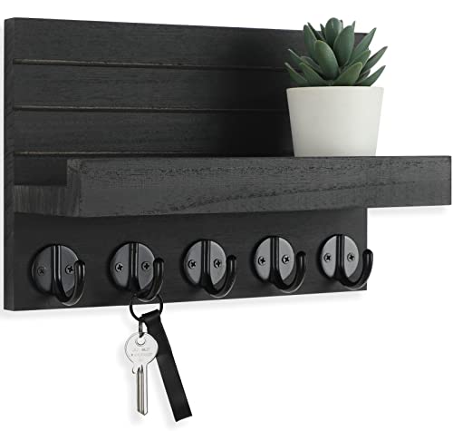Lwenki Key Holder for Wall, Decorative Key and Mail Holder with Shelf Has Large Key Hooks for Bags, Coats, Umbrella – Paulownia Wood Key Hanger with Mounting Hardware (9.8”W x 6.7”H x 4.2”D)
