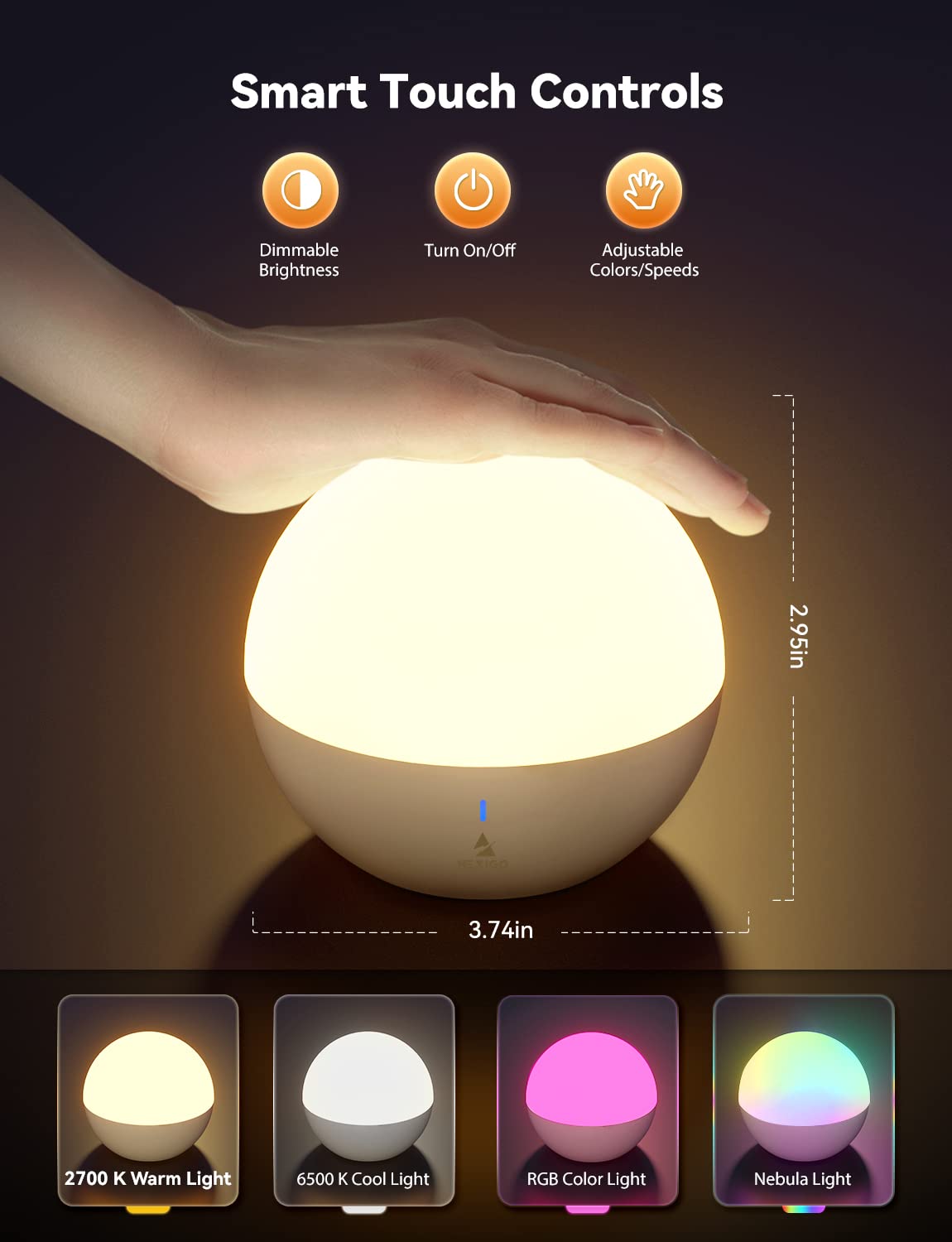 NexiGo Night Light, Portable One-Key Baby Bedside Lamp, RGB Changing Speed Adjustable & Dimmable, Rechargeable Touch Nursery Nightlight, for Kids Bedroom, Bathroom (Spherical)