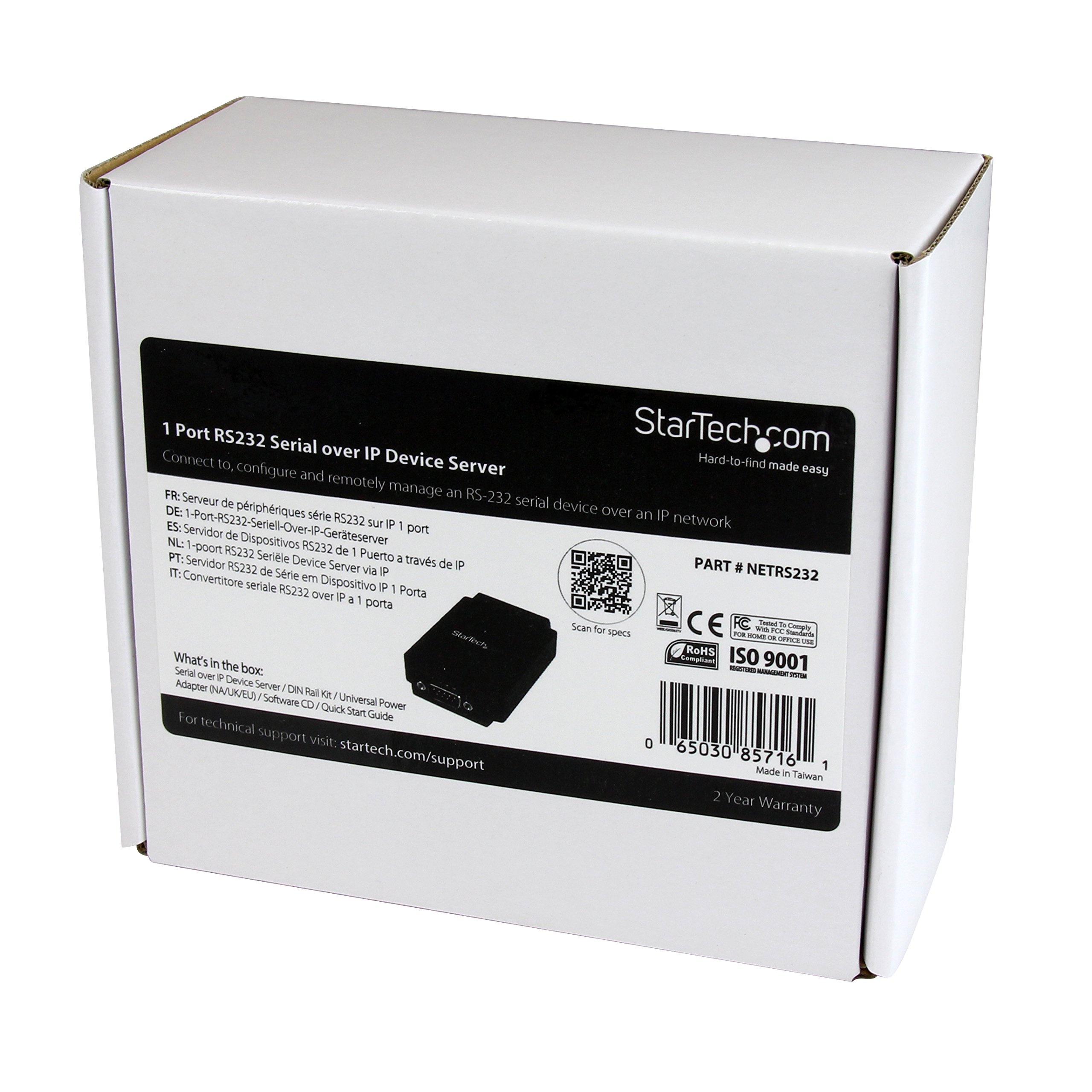 StarTech.com 1 Port RS-232 Serial to IP Ethernet Device Server - DIN Rail Mountable - Serial Device Server - Serial Over IP Device Server (NETRS232), Black