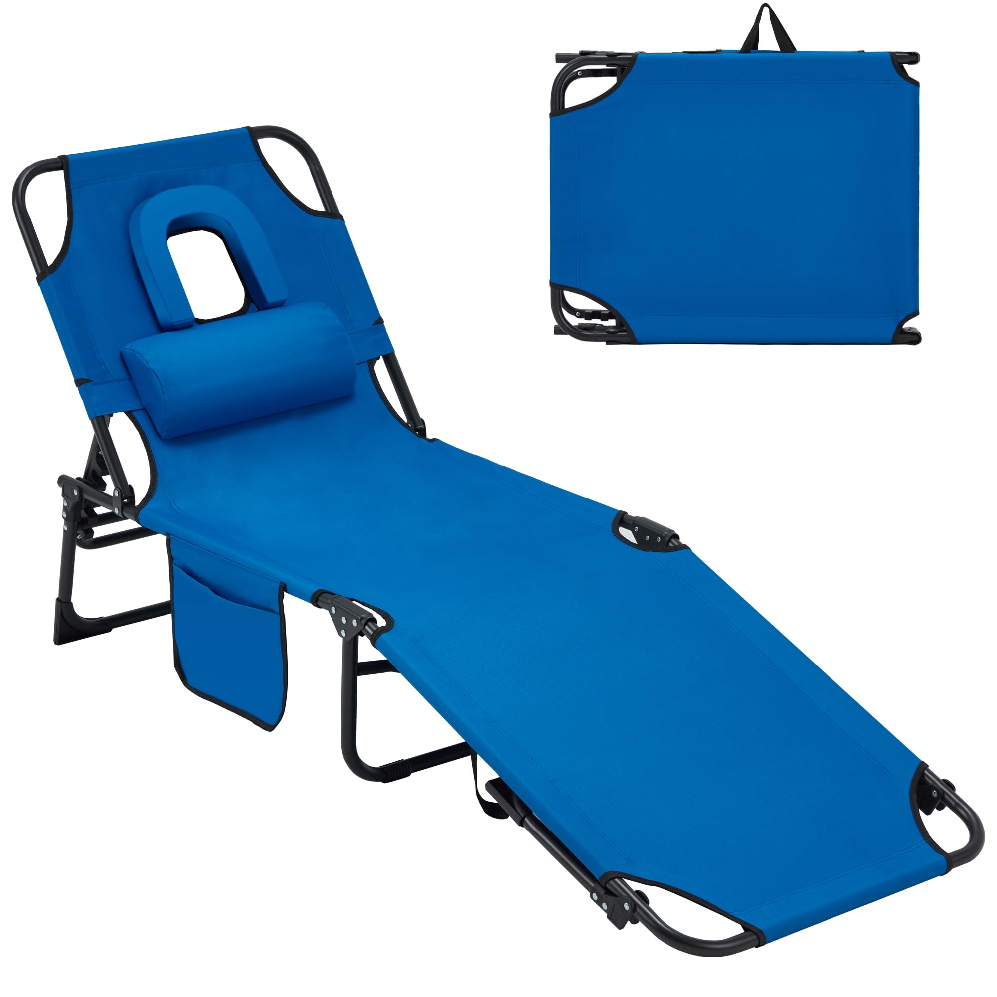 Candockway 5-Fold Lounge Chair, Outdoor Tanning Chair with Face Hole, Support 450lbs, Non-Slip Foot & Portable Handle, 2 Function Pockets Portable Chaise for Beach, Patio(1, Blue)