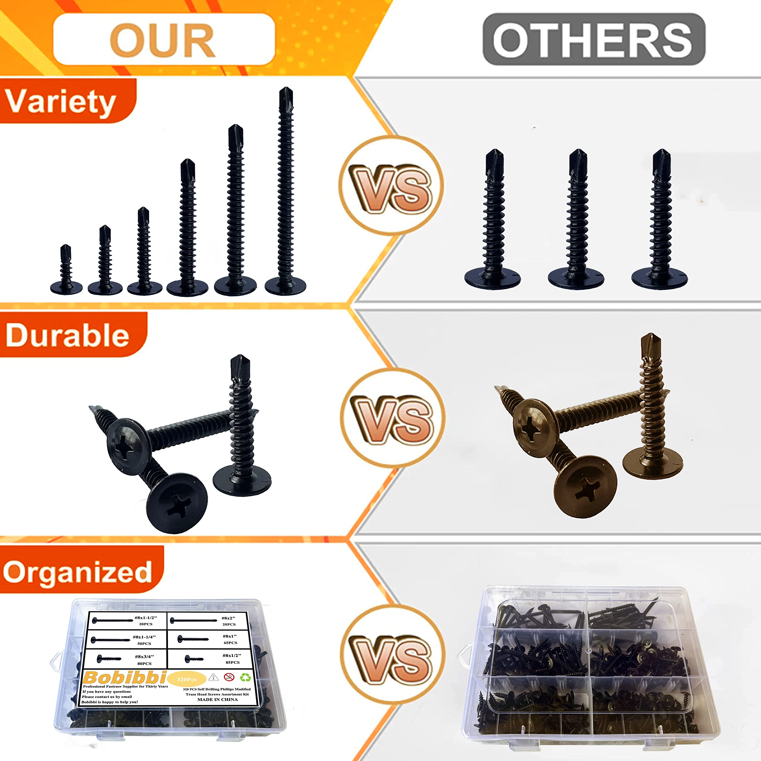 Bobibbi 320pcs #8 Black Self Tapping Screws for Metal Assortment Kit, Self Drilling Screws with 6 Sizes: #8 x 1/2'' - 2''