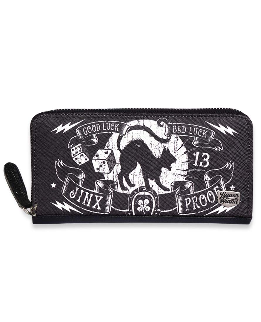 Liquorbrand Jinx Proof Women's Zip Around Clutch Wallet Black Cat Goth Gothic Rockabilly, Size: 8" x 4" x 1"