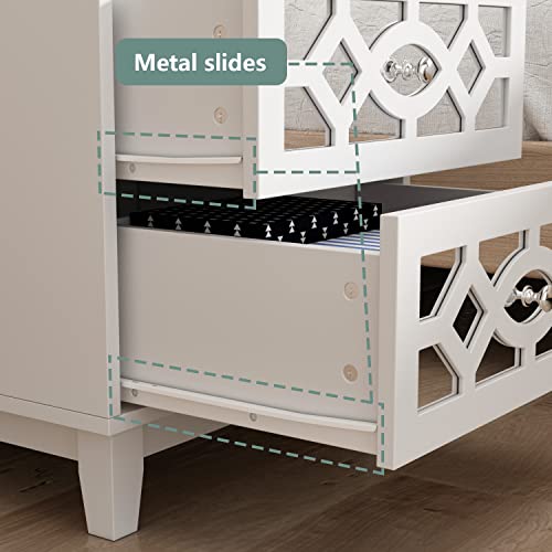 DiDuGo Nightstand with 2 Mirrored Drawers Set of 2, Wood End Table Bedside Table with Storage, Contemporary Style, Wooden Legs, for Bedroom White (18.9”W x 15.7”D x 19.7”H)