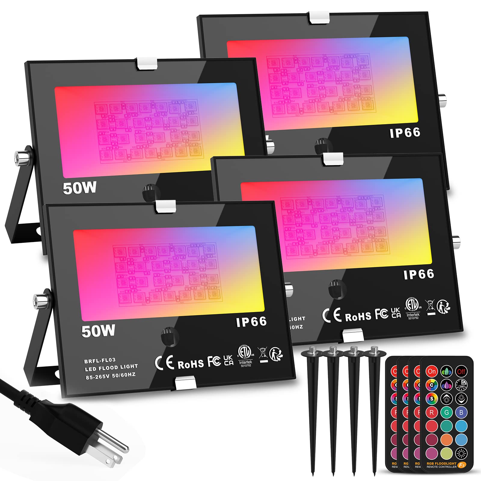RGB Outdoor LED Flood Light 50W Color Changing Floodlights Spotlights Landscape Lighting Fixture Waterproof Landscaping Spot Light for Yard Garden Driveway Pathway Garden IP66 Waterproof (4 Pack)
