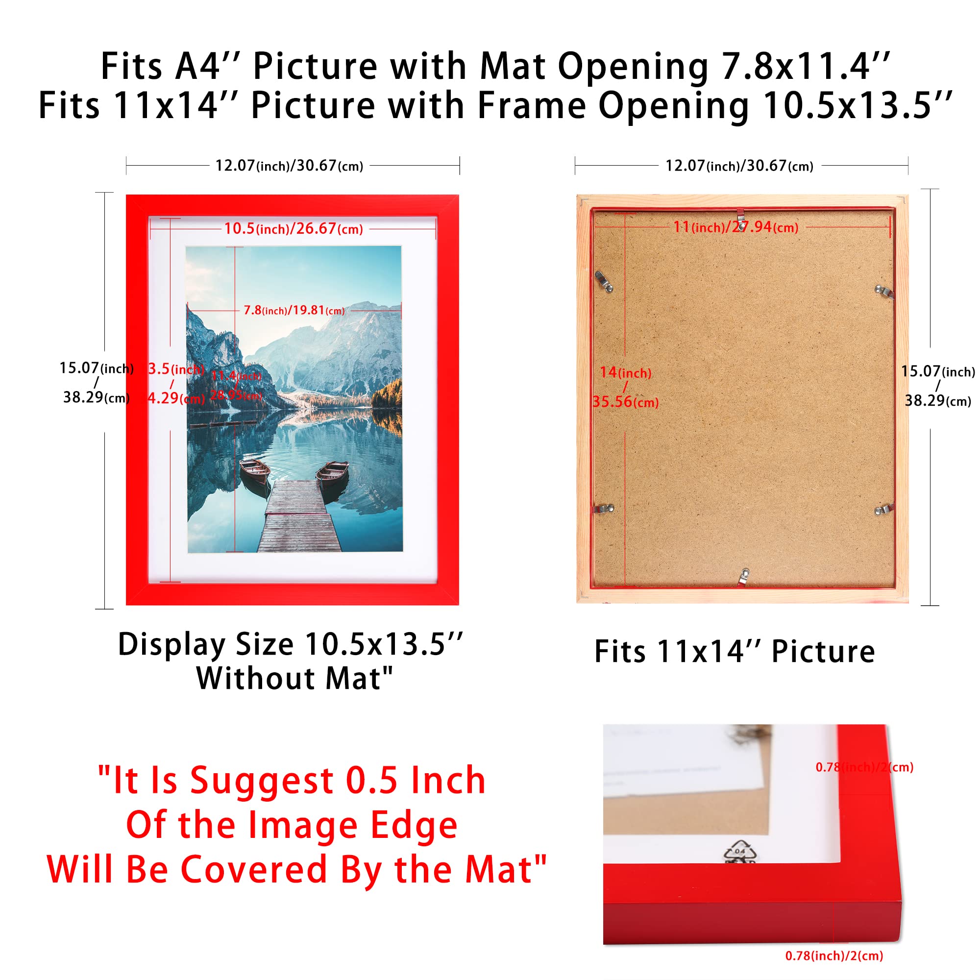 BOJIN 11x14 Picture Frames Red, Solid Wood Display Picture A4 with Mat or 11x14 Without Mat, Wall Hanging Decoration Photo Frame