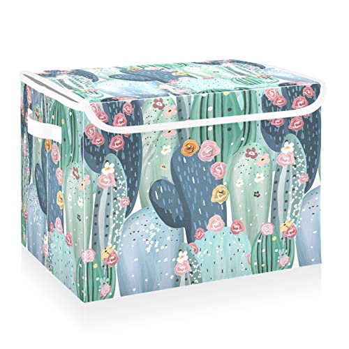 CaTaKu Cactus Cacti Floral Storage Bins with Lids Fabric Large Storage Container Cube Basket with Handle Decorative Storage Boxes for Organizing Clothes Shelves