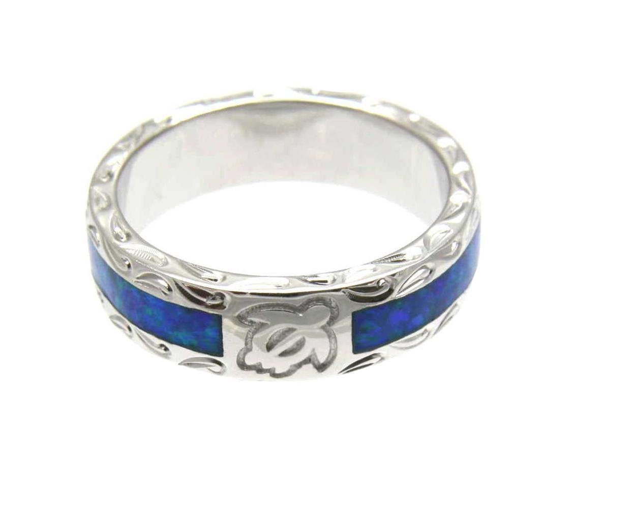 Arthur's Jewelry Sterling silver 925 synthetic opal Hawaiian honu turtle eternity wedding band ring unisex size 10