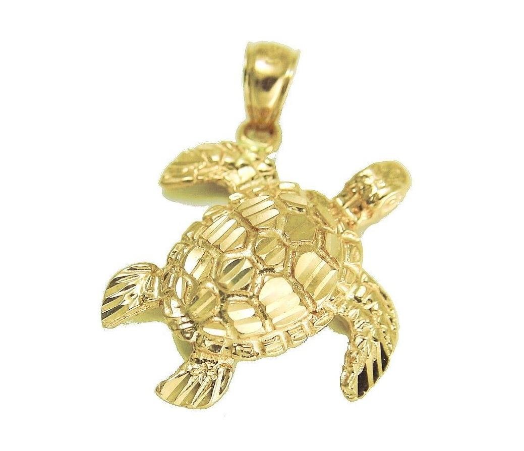 Arthur's Jewelry 14k Solid yellow gold sparkly diamond cut Hawaiian sea turtle honu pendant medium