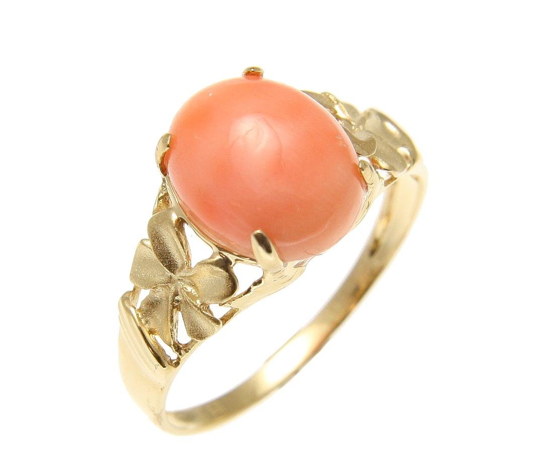 Arthur's Jewelry Genuine natural pink coral ring Hawaiian plumeria flower solid 14k yellow gold