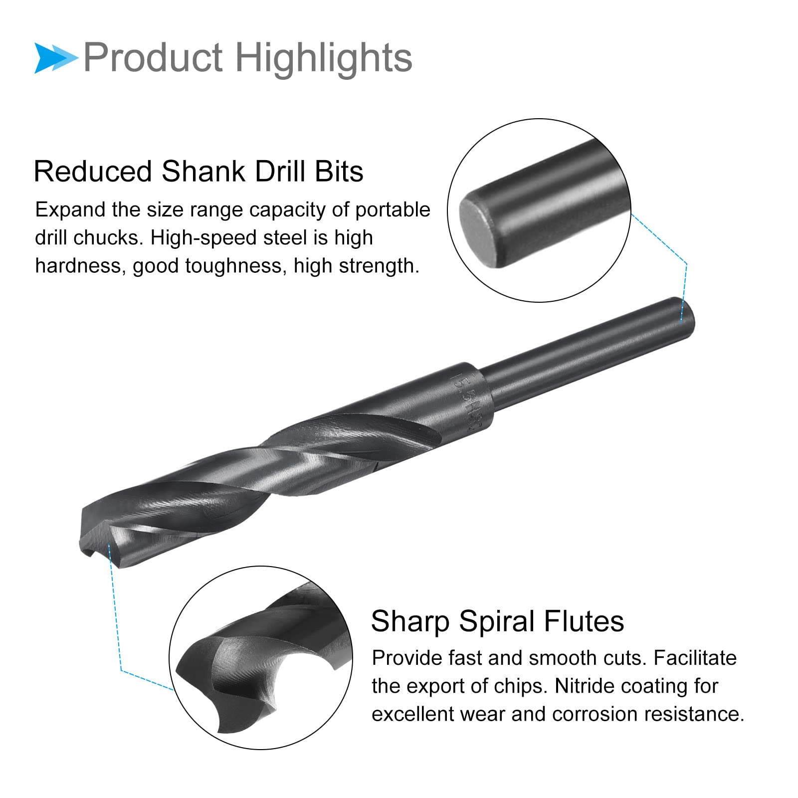 CoCud Reduced Shank Drill Bit, 17mm Cutting Edge 1/2" Shank, Nitride Coated High Speed Steel 9341 Twist Drill Bits - (Applications: for Stainless Steel Metal Wood)