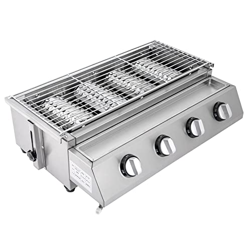 Commercial 4 Heads Gas Barbecue Grill Kebab Roasting Machine For Outdoor Camping, Portable Outdoor Camping BBQ Rack for Fish, Shrimp, Vegetables, Barbeque Griller Cooking Accessories