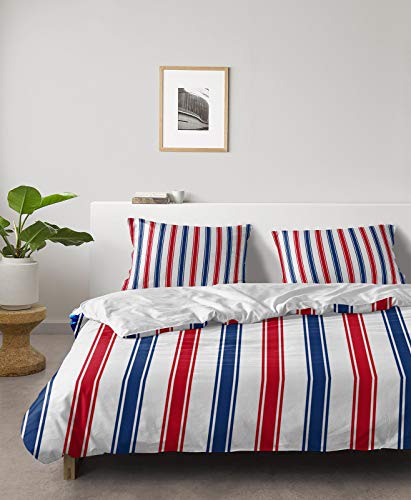 Independence Day California King Duvet Cover Set 4 Pieces Modern Geometric Striped Print Bedding Sets, Soft Quilt Covers with Zipper Closure and 1 Bed Sheets 2 Pillow Shams Colorful Blue Red White