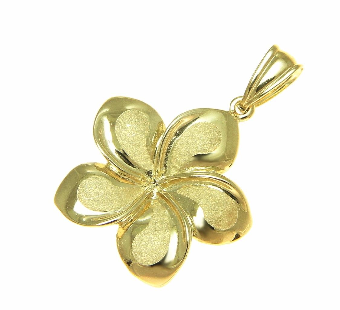Arthur's Jewelry 14K solid yellow gold 21mm Hawaiian plumeria flower charm pendant