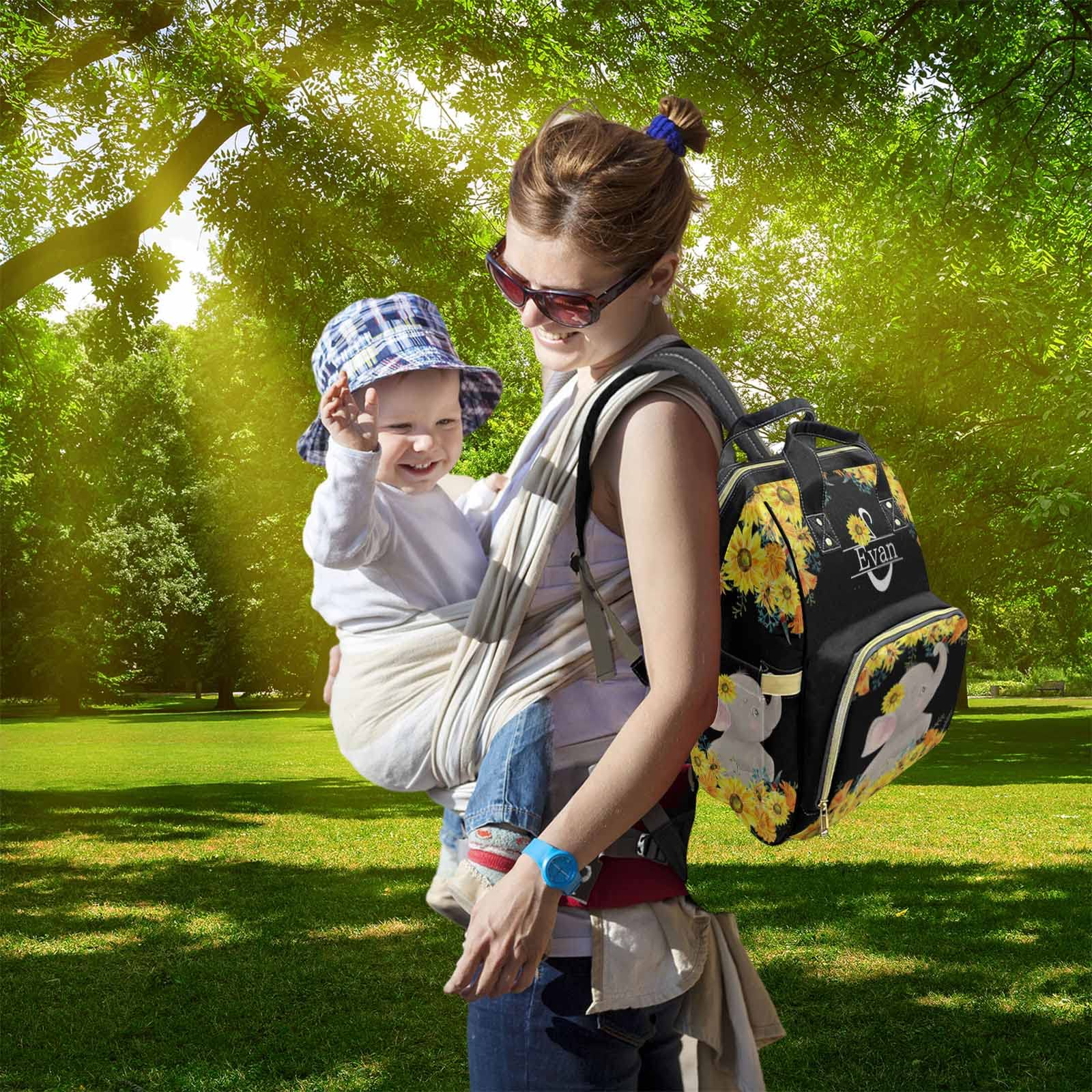 Custom Sunflower Elephant Diaper Bag Backpack for Baby Girl Boy, Personalized Name Black Large Nappy Nursing Orangizer Mommy Bags, Waterproof Travel Daypack for Dad Mom Gifts