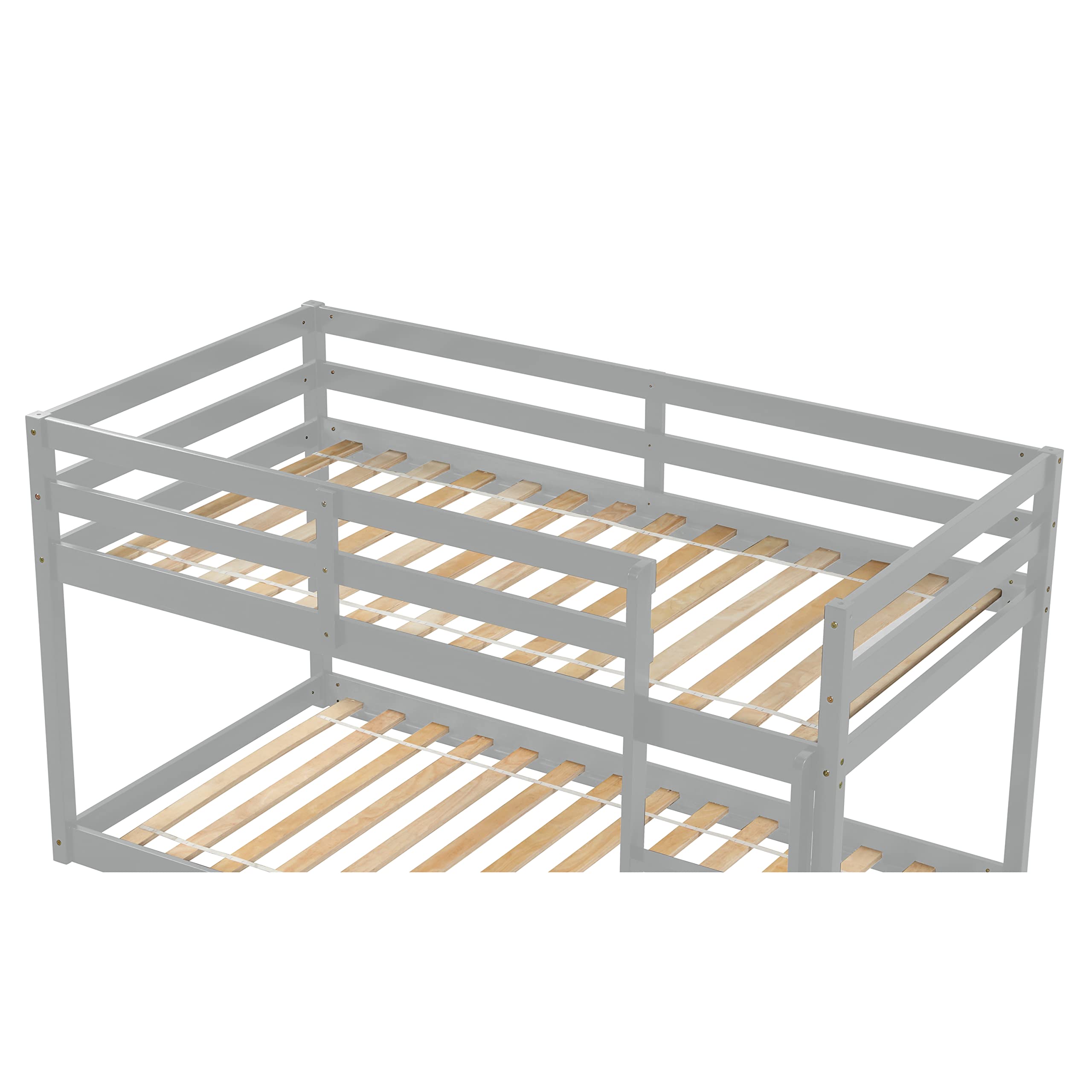 ZJIAH Solid Wood Twin Over Twin Floor Bunk Bed w Ladder, Safety Guard Rails, Wooden Twin Bunk Beds for Teens/Adults, Low Bed Frame Bedroom Furniture, No Spring Box Required
