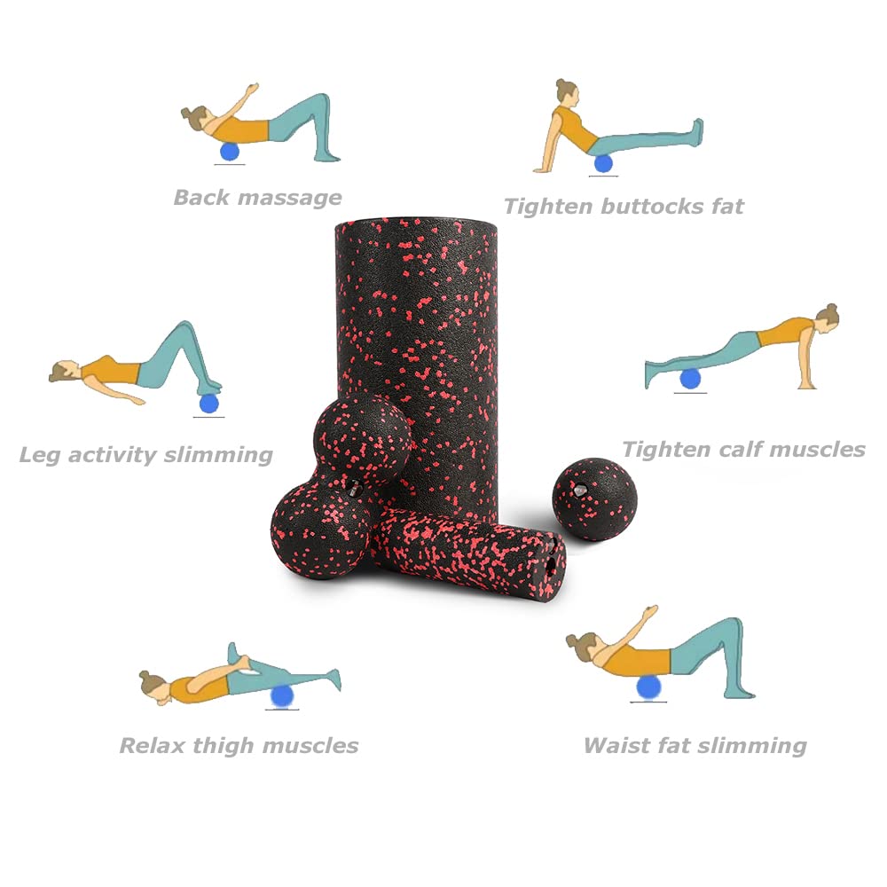 BIGTREE4 in 1 Roller Set-High Density Back Roller, Muscle Roller Stick 2 Foot Fasciitis Ball Stretching Strap Peanut Massage Ball for Whole Body Physical Therapy & Exercise Back Pain Leg Deep Tissue