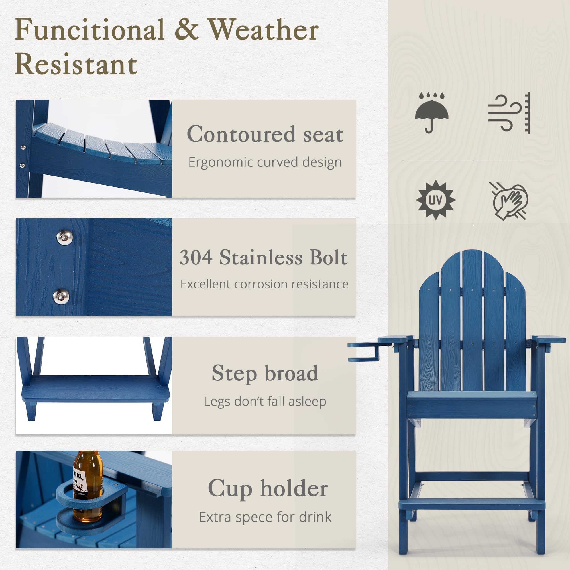 LUE BONA Tall Adirondack Chairs Set of 2 with Removable Table,Poly Adirondack Chair Bar Stools with Cup Holder, 25.6", 300Lbs, Weather Resistant Lifeguard Chair for Balcony,Deck