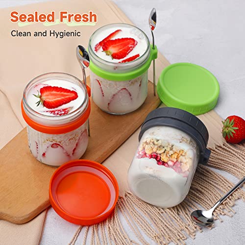 DREAMOSA 3 Set Overnight Oats Containers with Lids and Spoon 12 Oz Glass Mason Overnight Oats Jars (Green-Orange-Grey)
