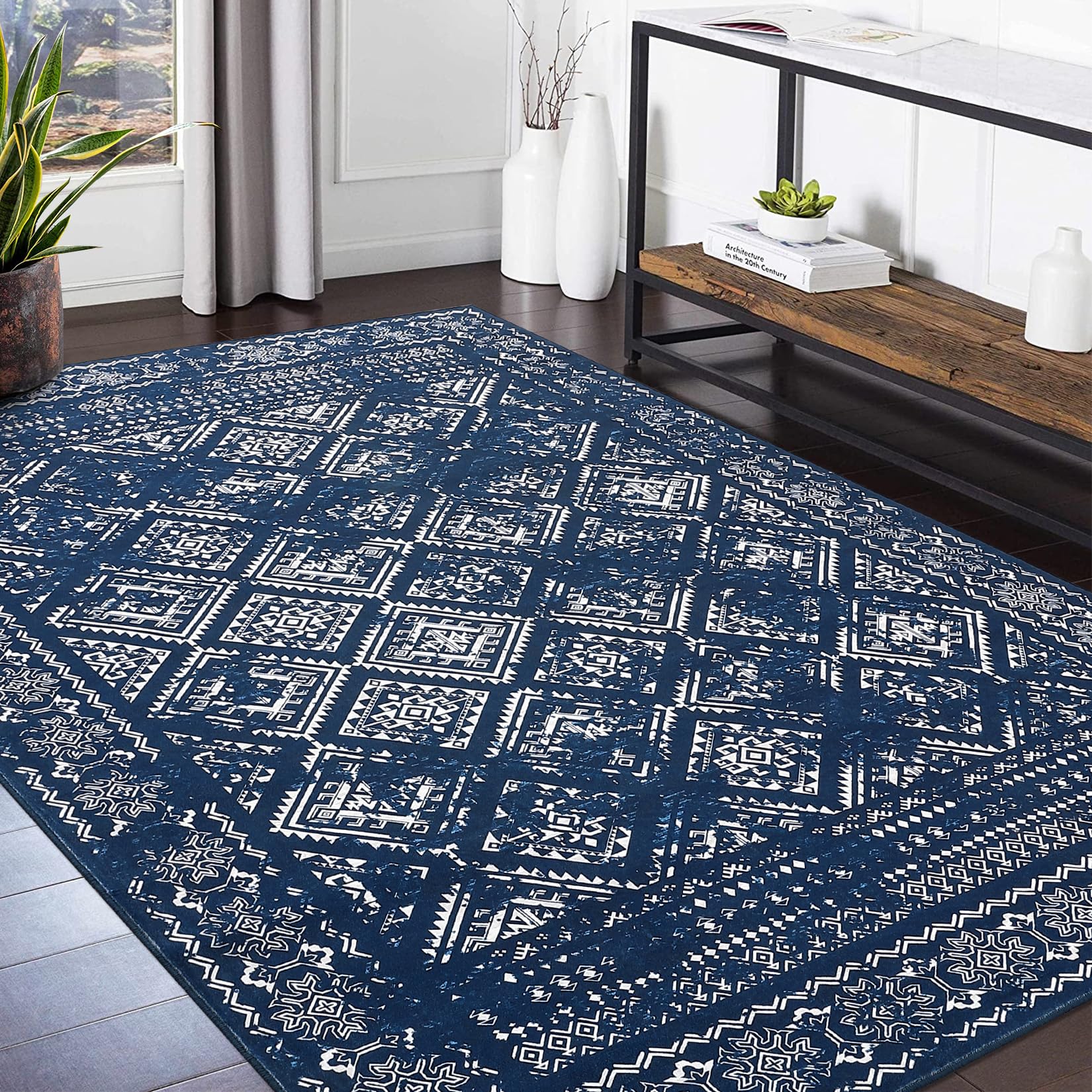 COZYLOOM Large 9x12 Area Rug Moroccan Rug Washable Rugs for Living Room Indoor Soft Vintage Rugs for Bedroom Non Slip Backing Distressed Carpet for Nursery Playroom Home Office Foldable Thin Rug Blue