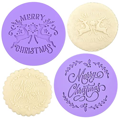 Crethinkaty 2 Pieces Christmas Fondant Embosser Merry Christmas Shape 3D Raised Design Cookie Stamp for Baking Cookies,Decorating Cake/Sugar Paste/Cupcake