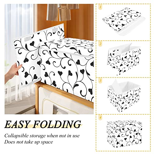 CaTaKu Hearts White Black Storage Bins with Lids and Handles, Fabric Large Storage Container Cube Basket with Lid Decorative Storage Boxes for Organizing Clothes