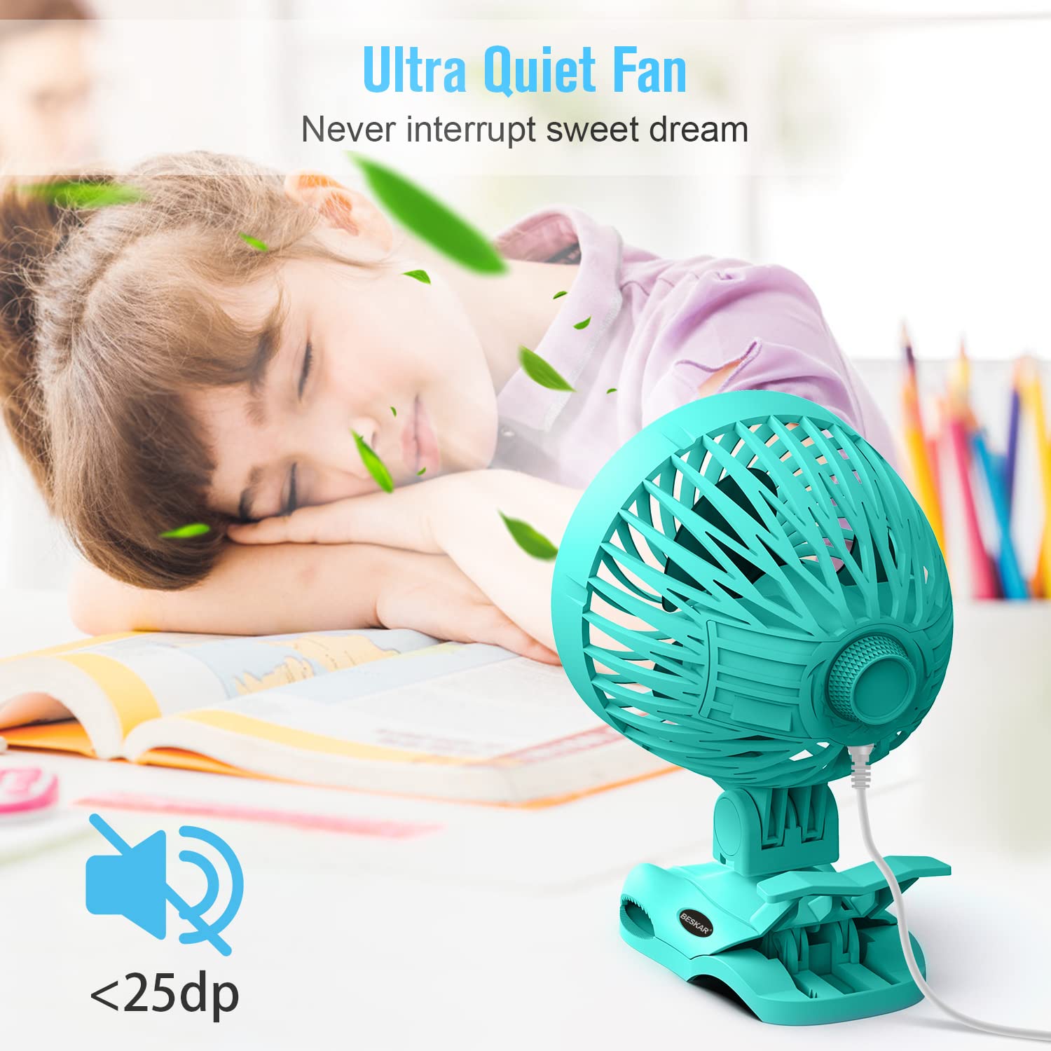 Small Clip on Fan - Personal USB Fan CVT Speeds and Strong Clamp, Adjustable Tilt, Quiet Operation, 6 Inch Desk Fan for Office Bed Treadmill Stroller - USB Cord Plug in Powered