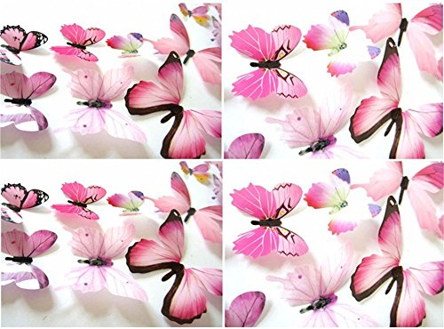 Trubetter Pink Butterfly Wall Decals, 24 Pcs 3D Removable Waterproof Stickers for Home and Room Decoration