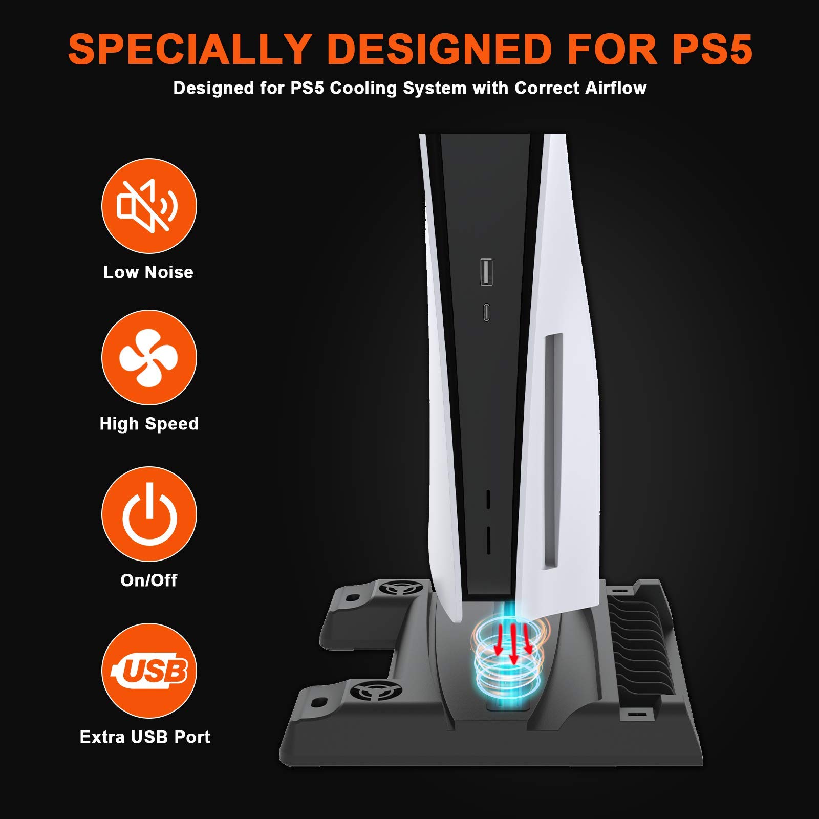 BEJOY Multifunctional Vertical Stand with Dual Cooling Fans for PS5 Console, 3-Level Rotate Fans Speed, Dual Type-C PS5 Charging Station with Gaming Headset Holder, 11 Games Boxes Storage, Black