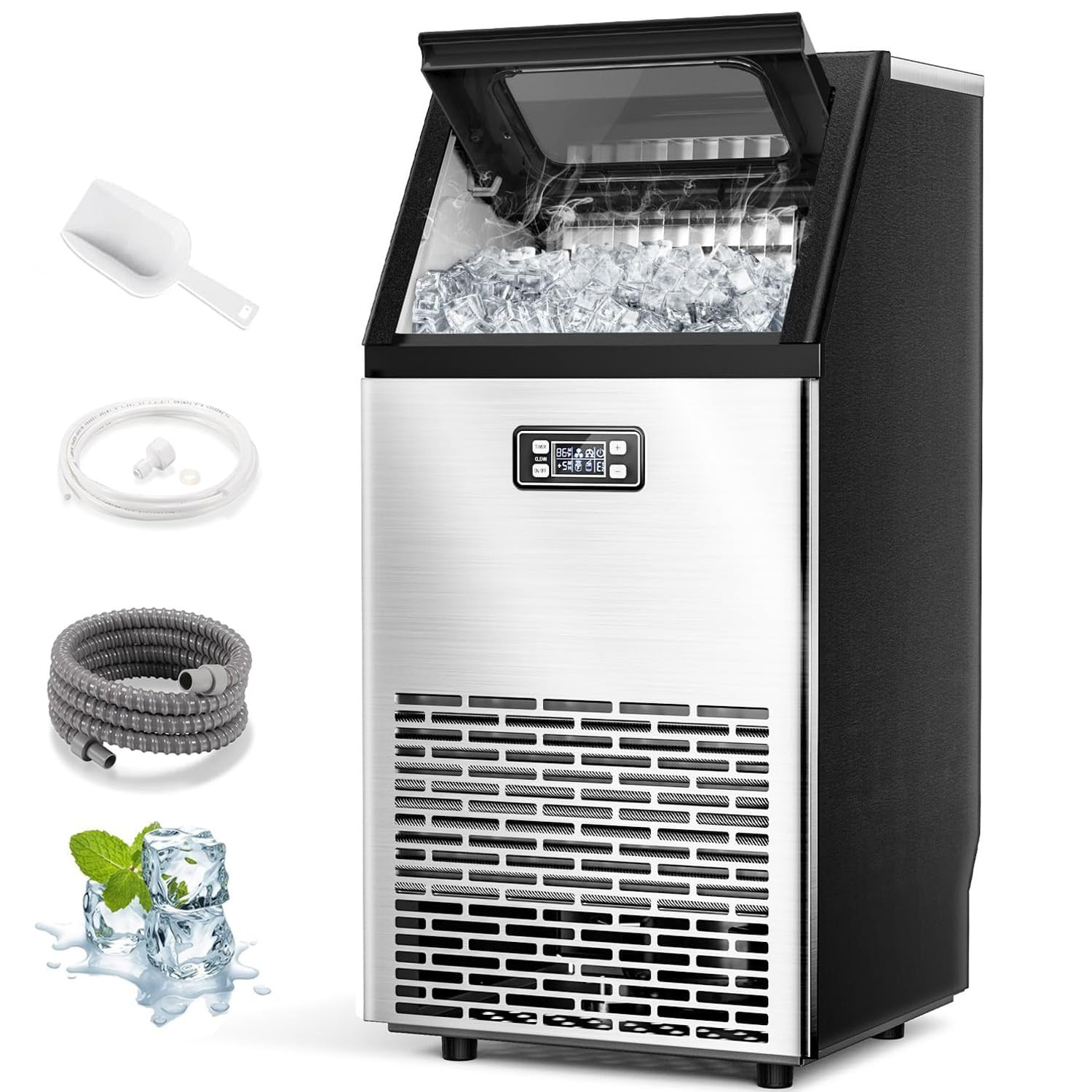 Joy Pebble Bullet Ice Makers Countertop, Portable Maker Machine with Self-Cleaning, 25lbs/24Hrs, 6 Mins/9 Pcs Bullet Ice,2 Sizes(S/L), Scoop and Basket, Handheld for Kitchen/Home/Party